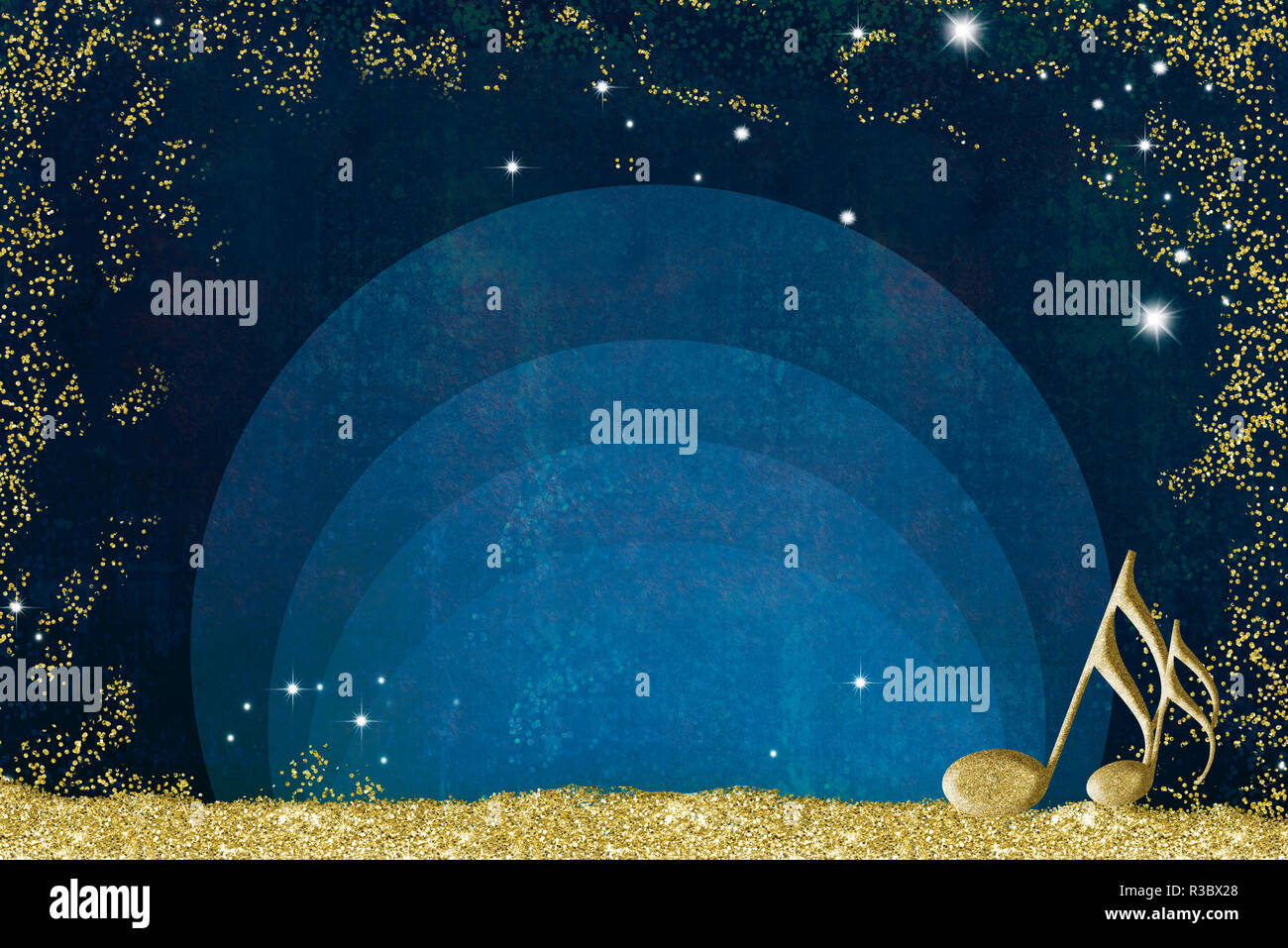 Musical card.Musical notes in gold on blue background and glitter frame ...