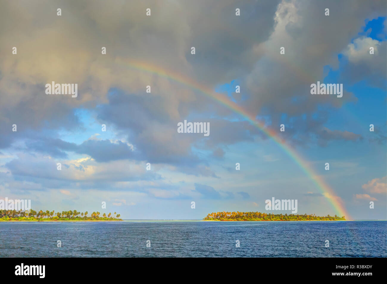 Rainbow, evening, Dhevvamaagala Island, North Huvadhoo Atoll, Southern ...
