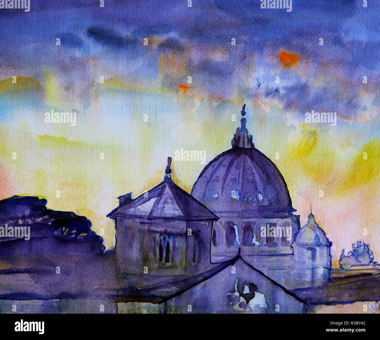 Watercolor painting of the Basilica Sant Pietro, Vatican, Rome, Italy ...
