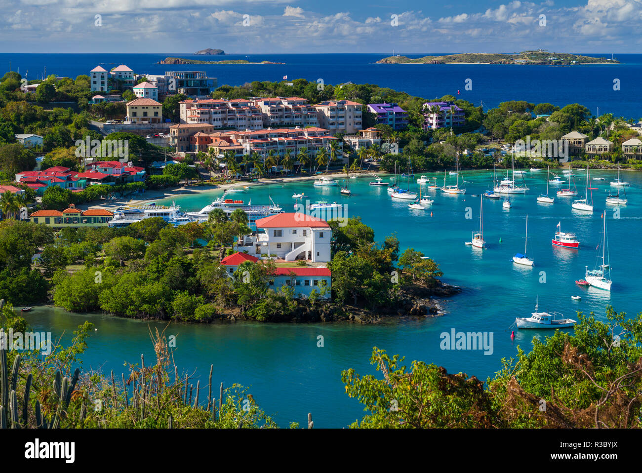 U.S. Virgin Islands, St. John. Cruz Bay, elevated town view with The ...