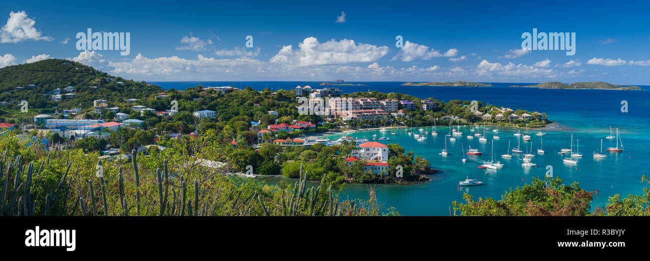 U.S. Virgin Islands, St. John. Cruz Bay, elevated town view with The ...