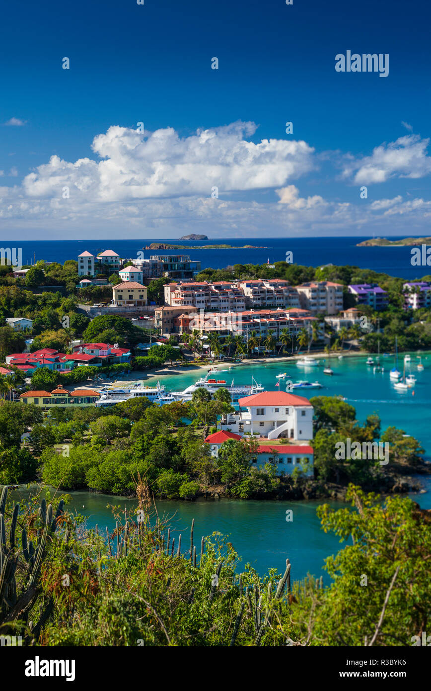 U.S. Virgin Islands, St. John. Cruz Bay, elevated town view with The ...