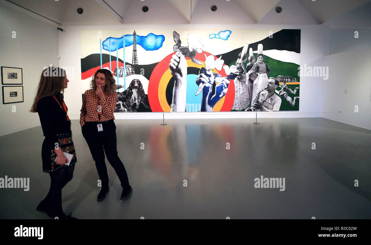 Gallery assistants look at the new exhibition by French Cubist Artist ...