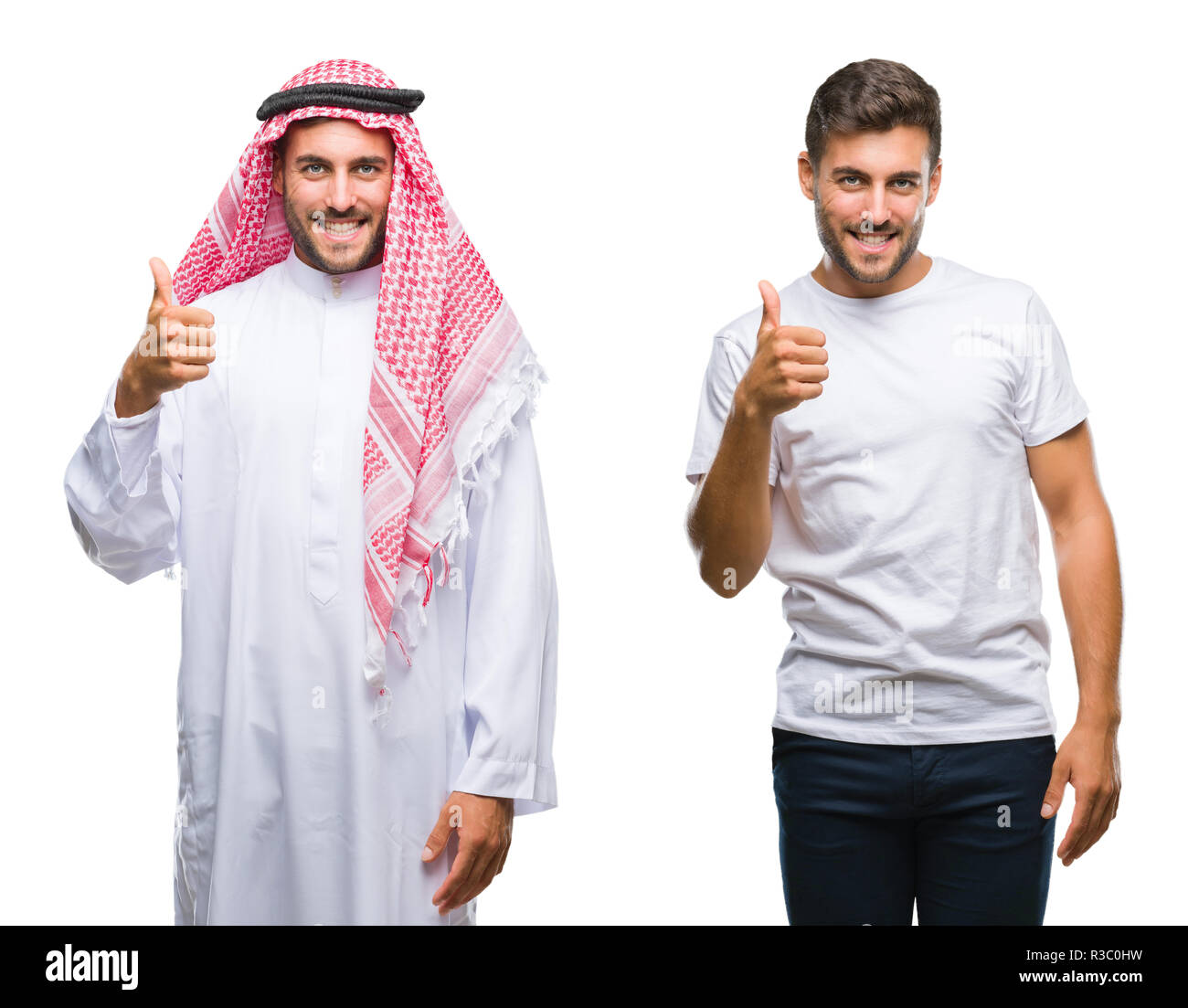 Collage of handsome young man and arab man over isolated background ...