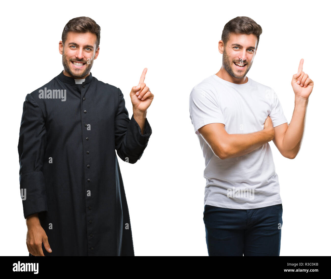 Collage of handsome young man and catholic priest over isolated ...