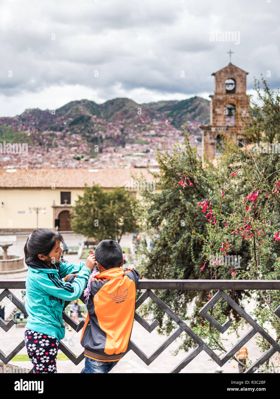 Cusco, Peru - January 3, 2017. Kids playing in the Plazoleta de San ...