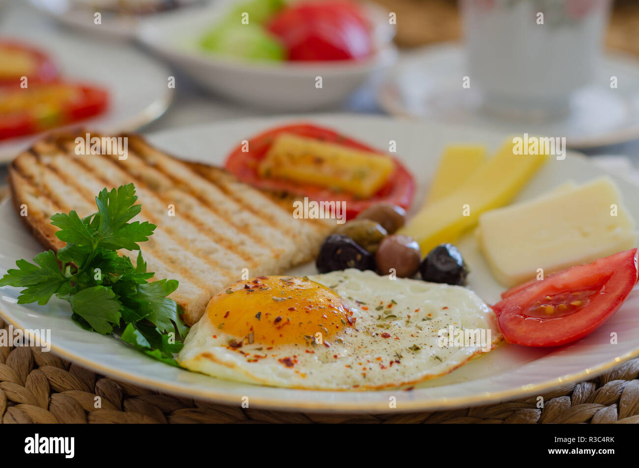 Traditional Turkish Breakfast with eggs, salad, borek, turkish eggs ...