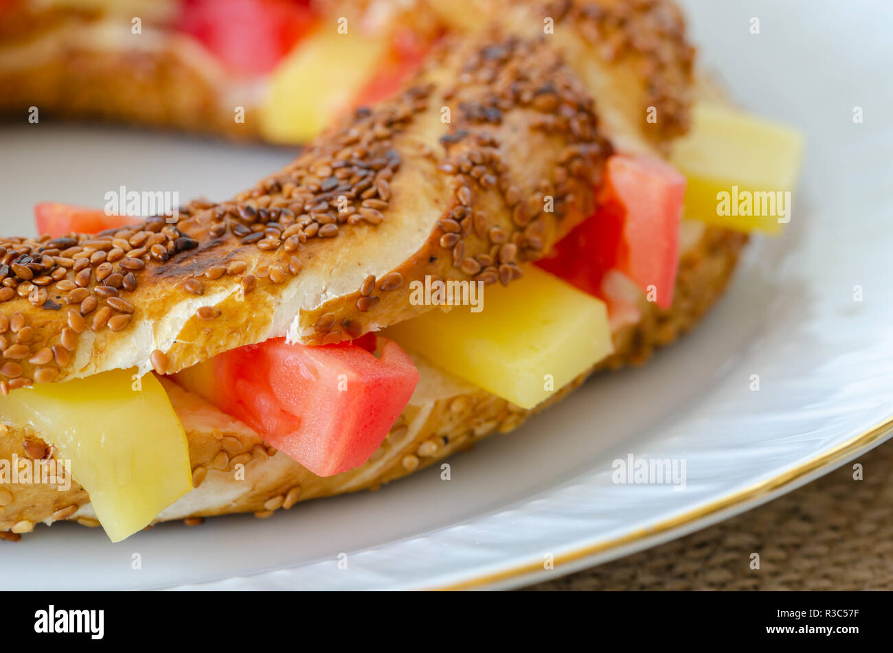 Turkish breakfast with cheese, tomato, simit, and tea,close up,detail ...