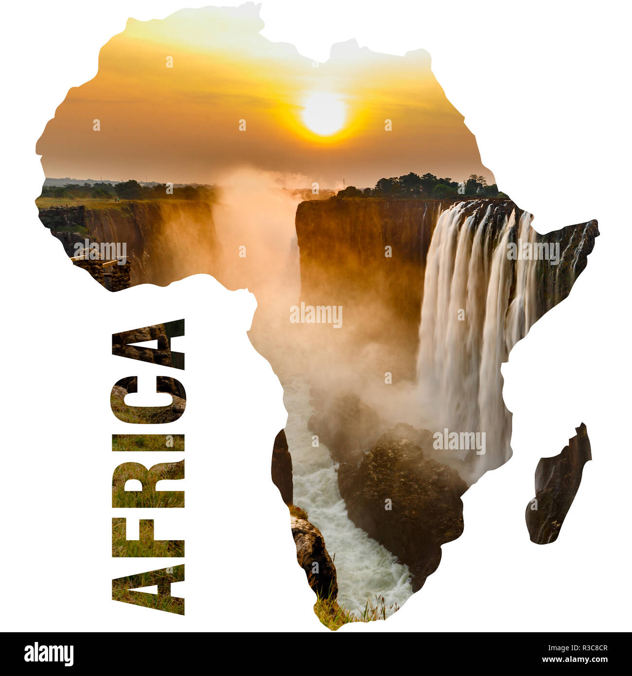 Victoria falls sunset, orange sun and africa continent outline Stock ...