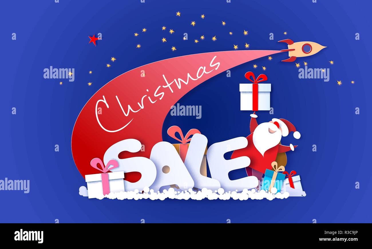 Christmas advertising design. Santa Claus with gift box over big ...