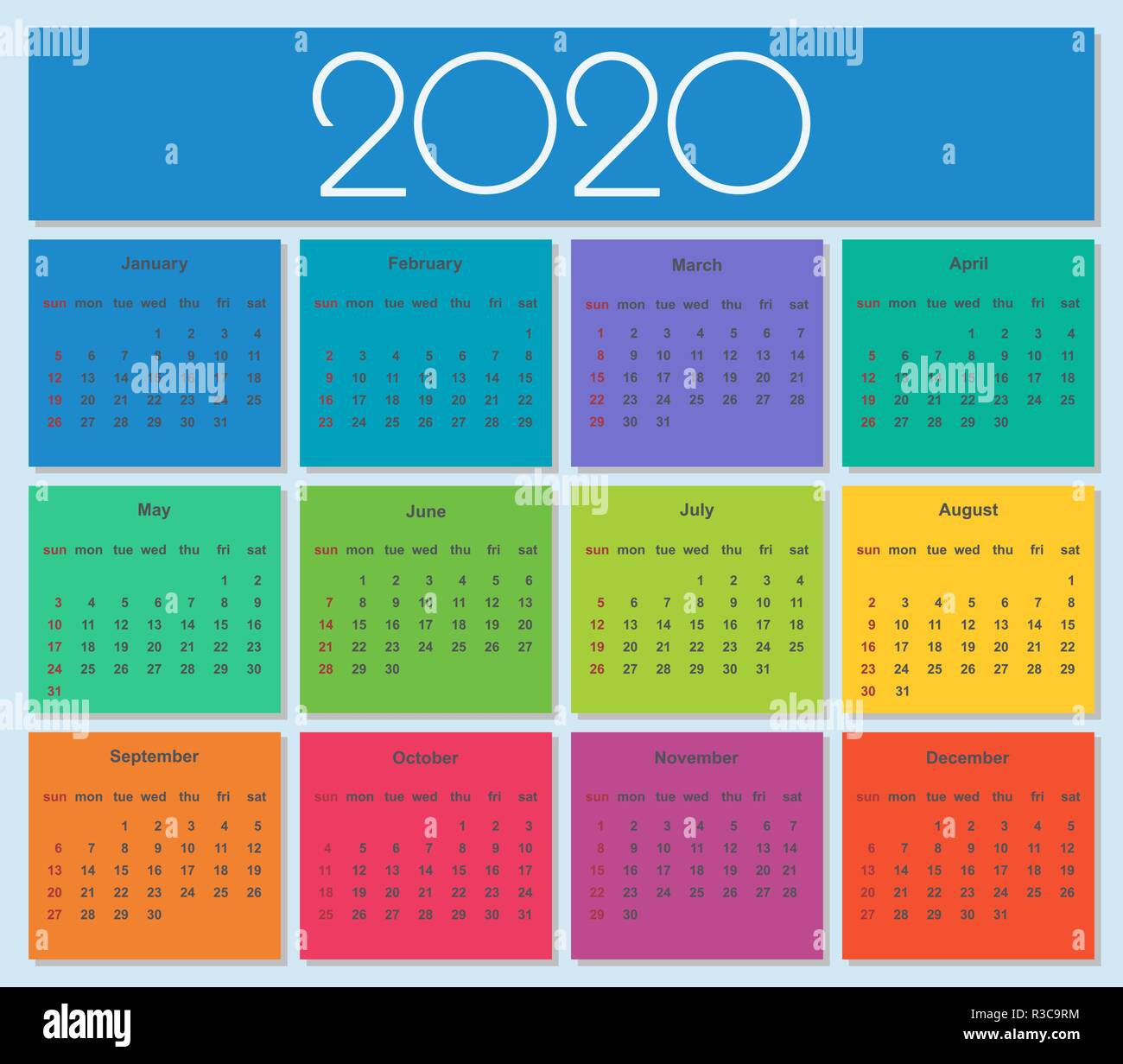 Colorful year 2020 calendar. Simple Vector Template. Isolated ...