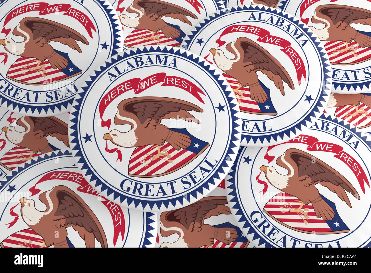 US State Buttons: Pile of Alabama Seal Badges, 3d illustration Stock ...