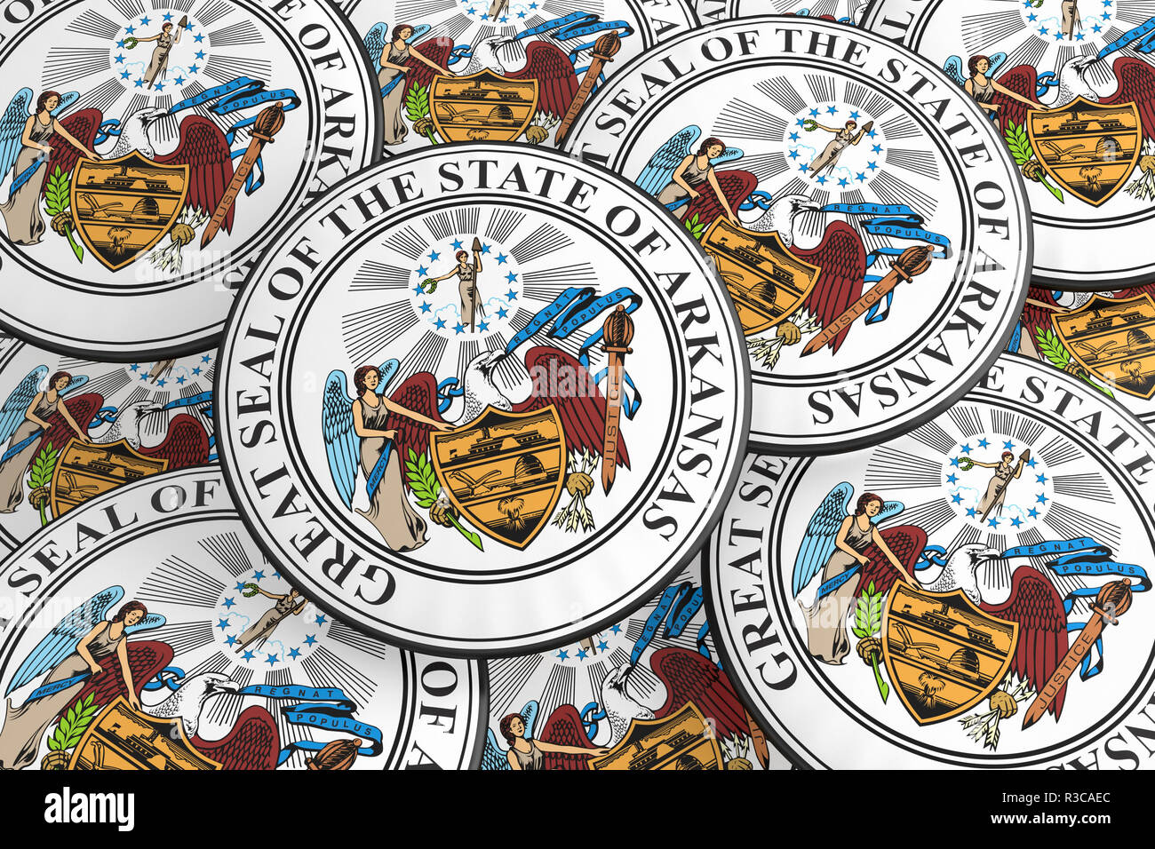 US State Buttons: Pile of Arkansas Seal Badges, 3d illustration Stock ...