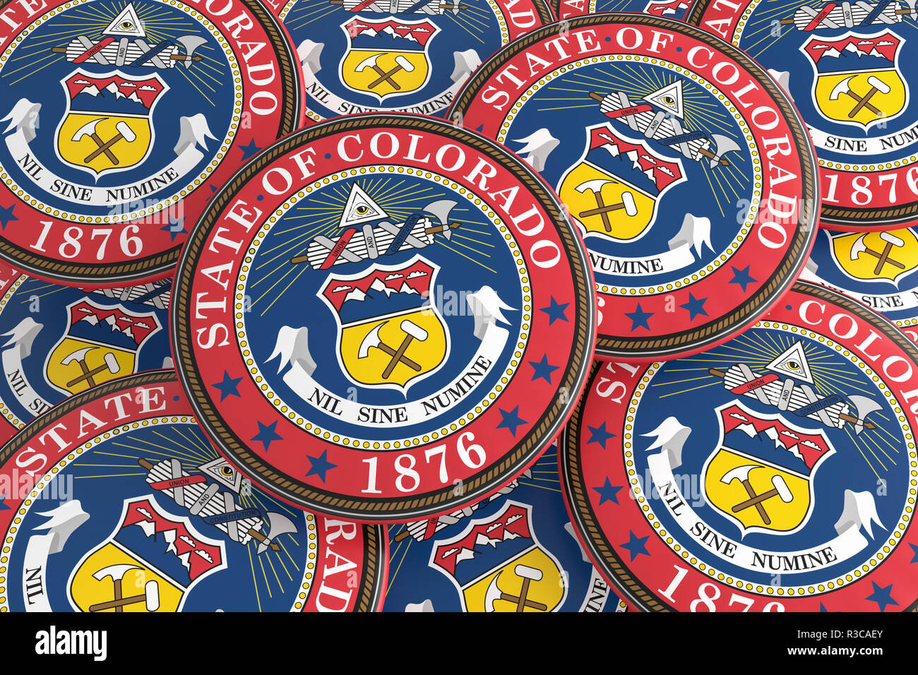 US State Buttons: Pile of Colorado Seal Badges, 3d illustration Stock ...