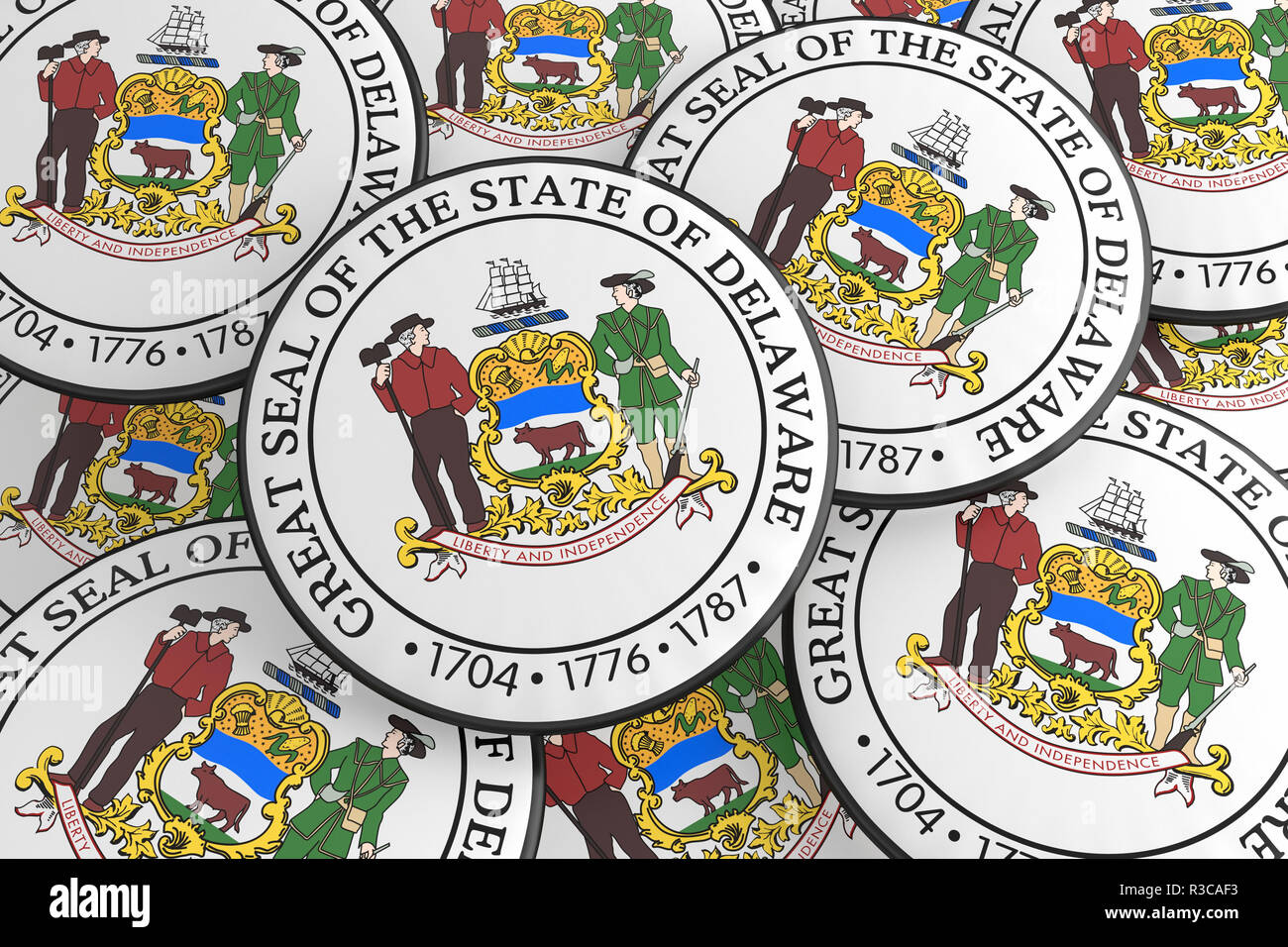 US State Buttons: Pile of Delaware Seal Badges, 3d illustration Stock ...