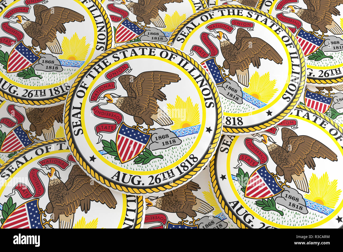 US State Buttons: Pile of Illinois Seal Badges, 3d illustration Stock ...