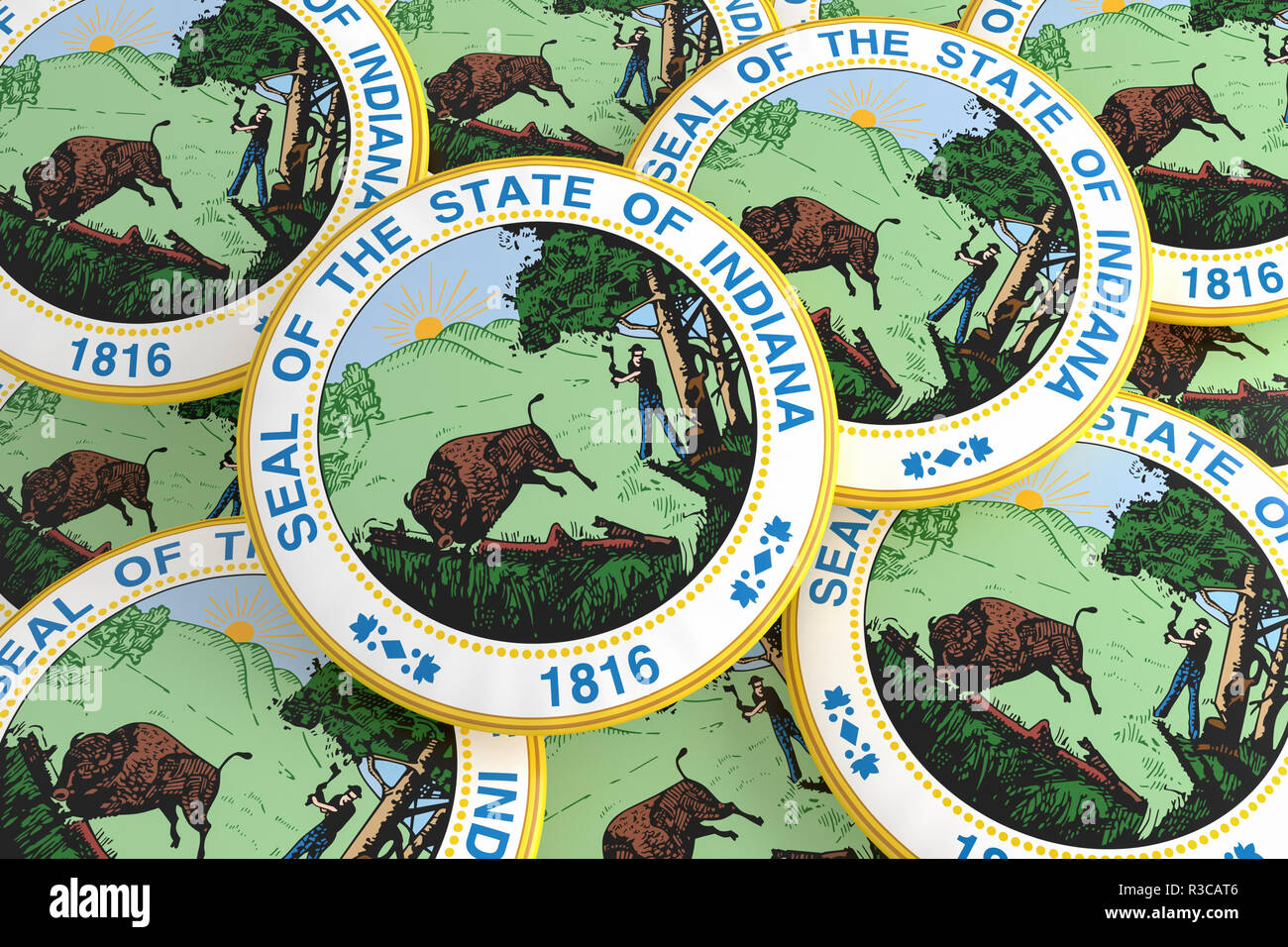 US State Buttons: Pile of Indiana Seal Badges, 3d illustration Stock ...