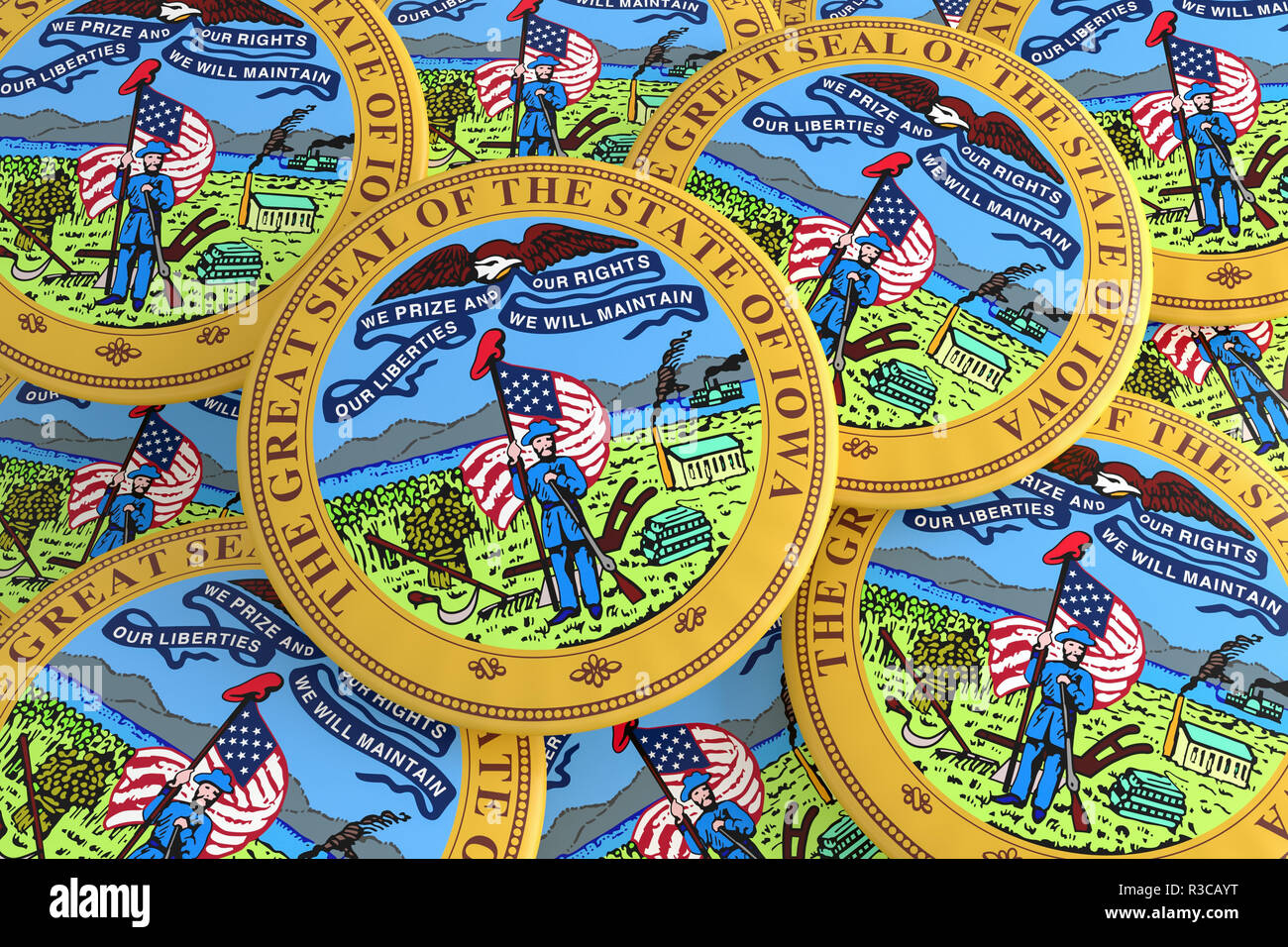 US State Buttons: Pile of Iowa Seal Badges, 3d illustration Stock Photo ...