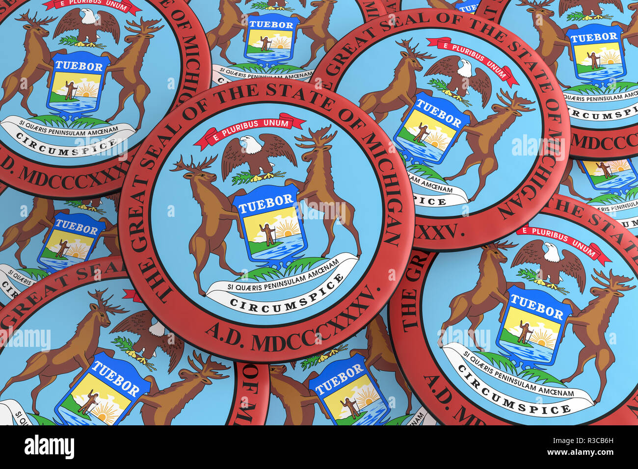 US State Buttons: Pile of Michigan Seal Badges, 3d illustration Stock ...