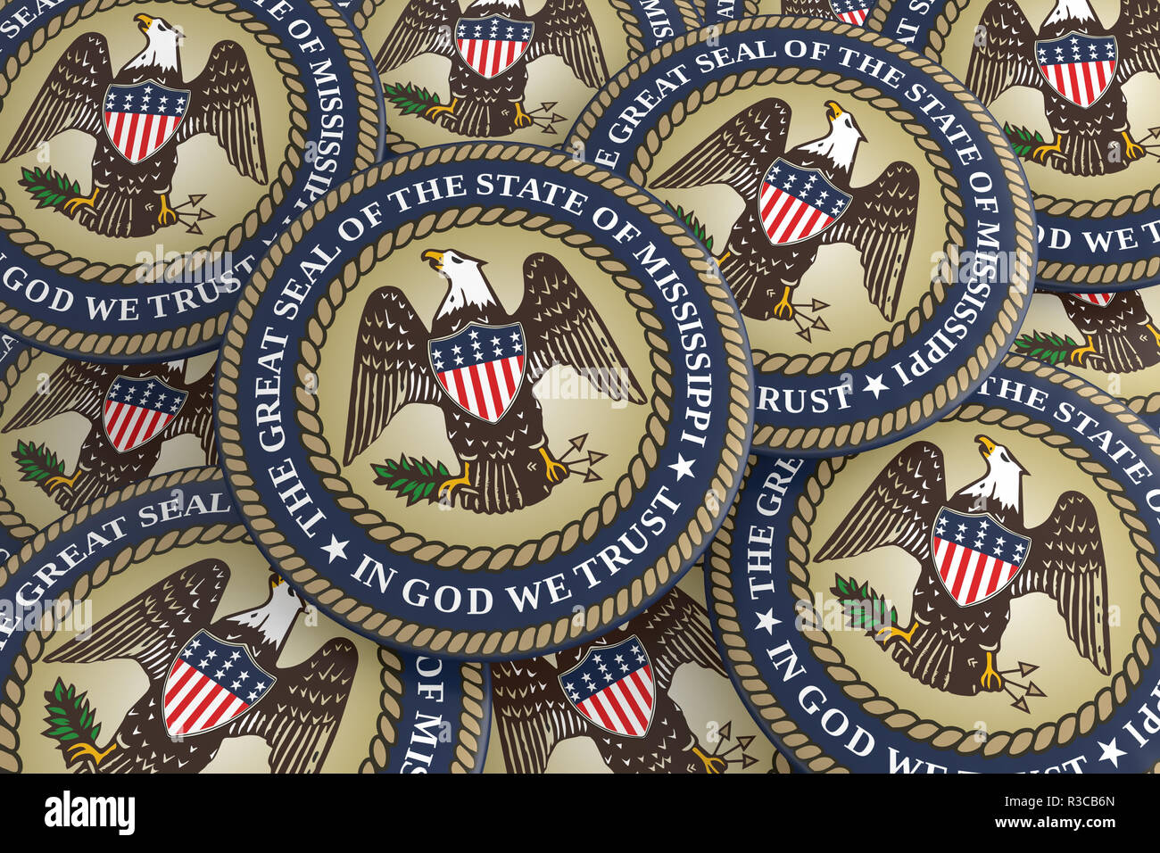 US State Buttons: Pile of Mississippi Seal Badges, 3d illustration ...