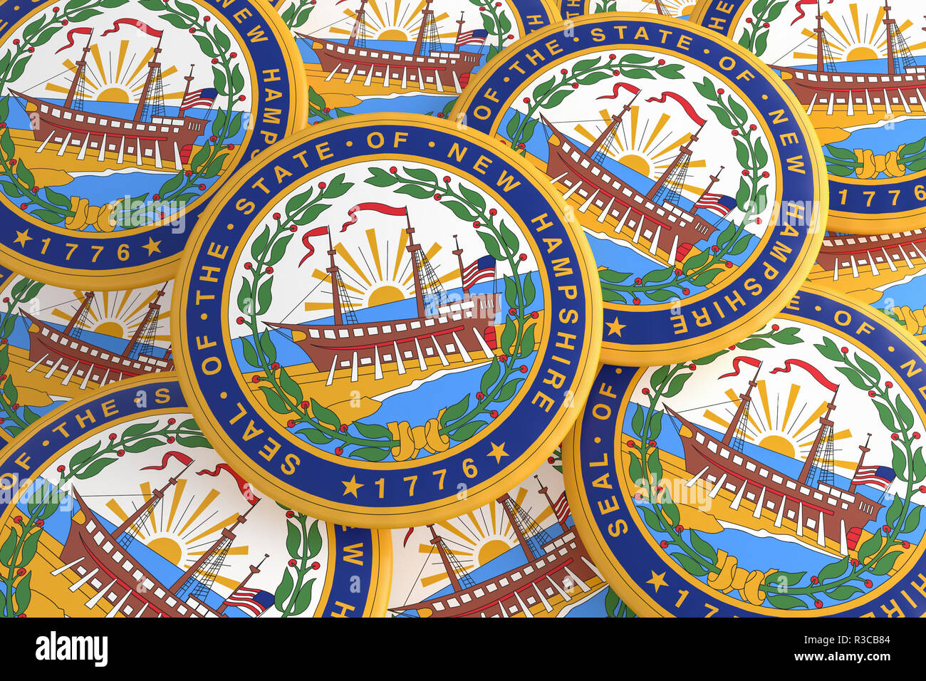 US State Buttons: Pile of New Hampshire Seal Badges, 3d illustration ...