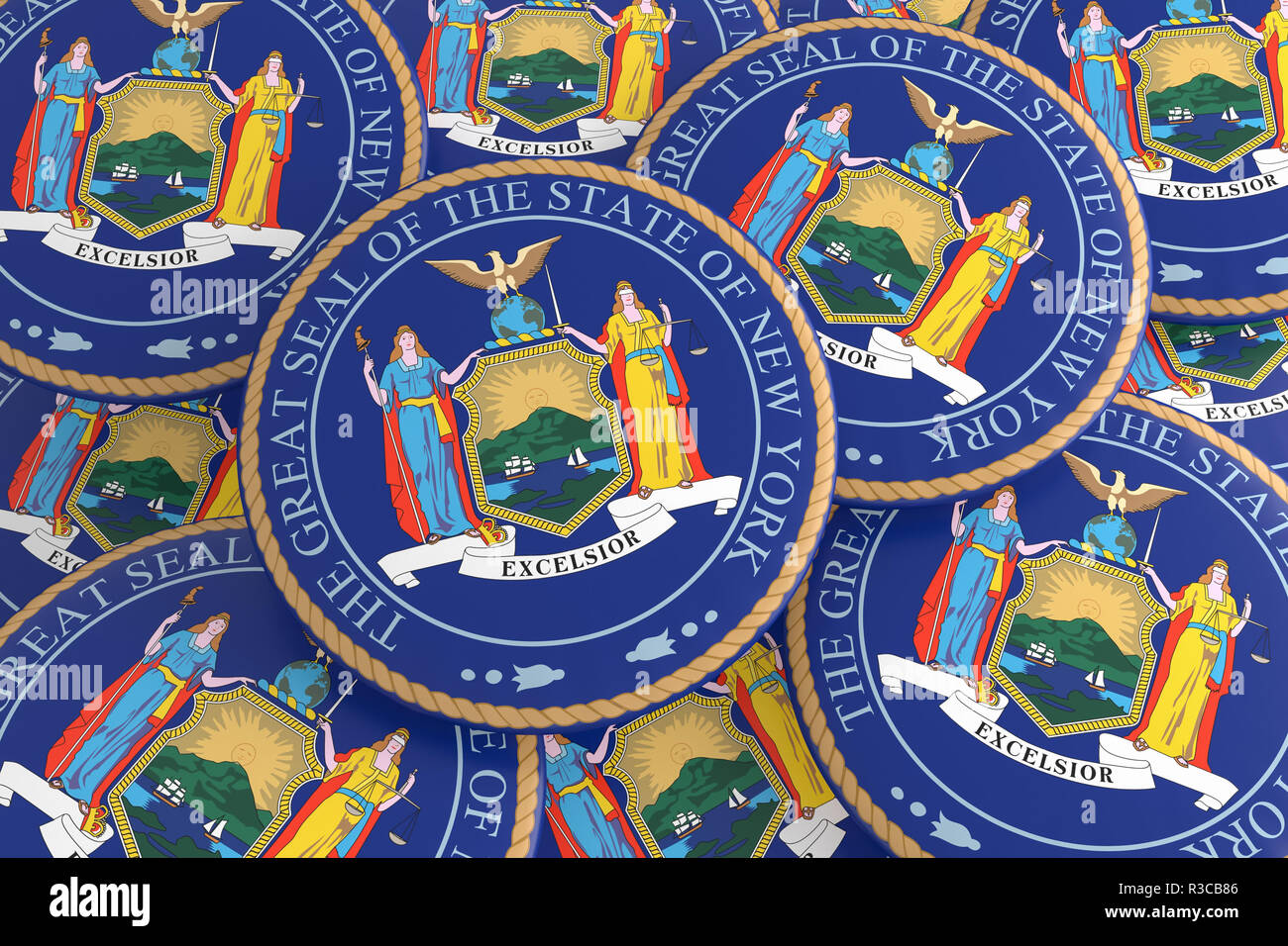 US State Buttons: Pile of New York Seal Badges, 3d illustration Stock Photo - Alamy