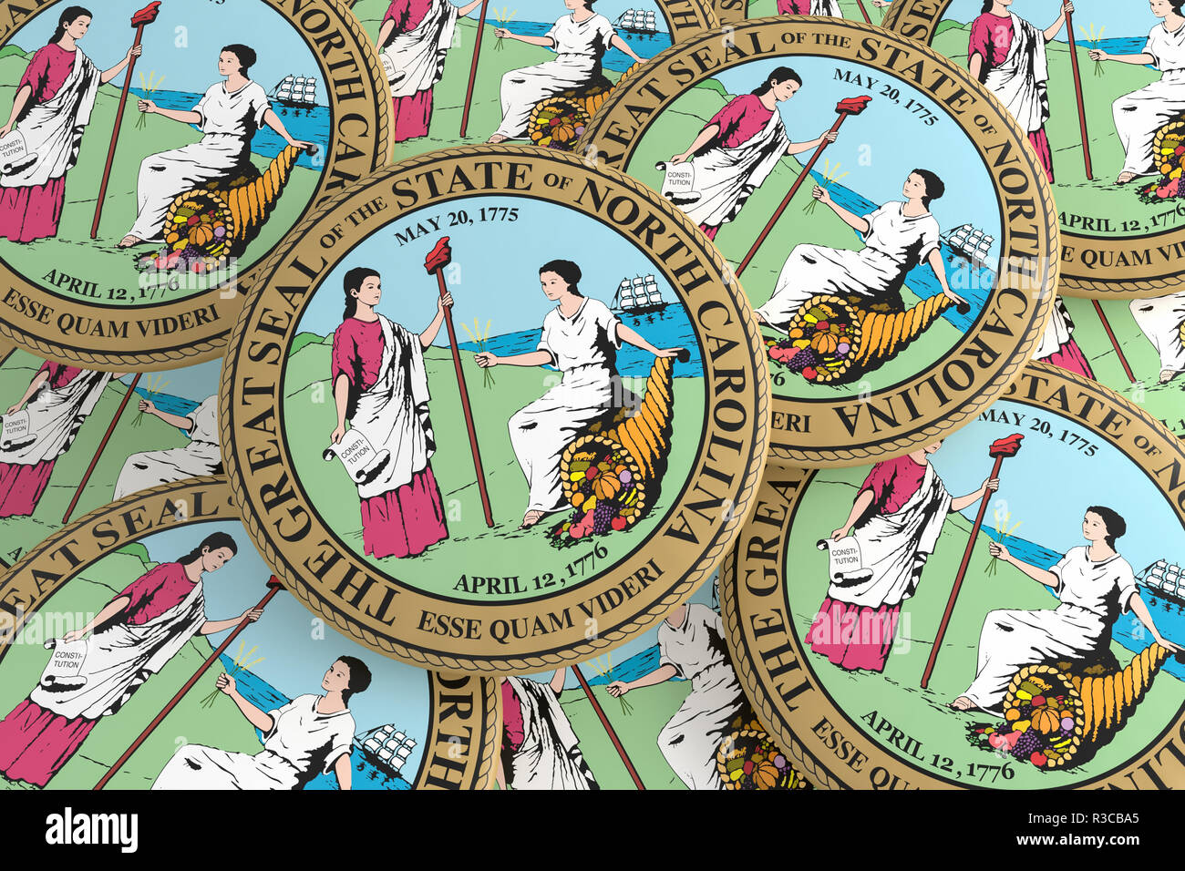 US State Buttons: Pile of North Carolina Seal Badges, 3d illustration ...