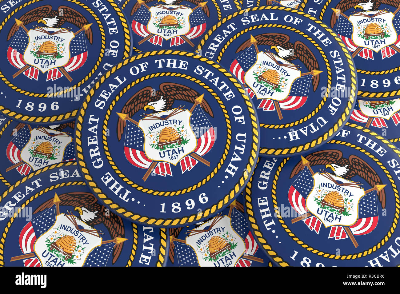 US State Buttons: Pile of Utah Seal Badges, 3d illustration Stock Photo ...