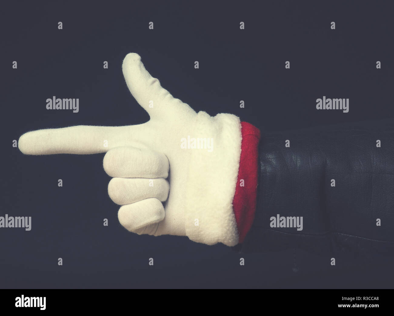 Arm of Santa with a leather jacket on a dark background, modern flat ...