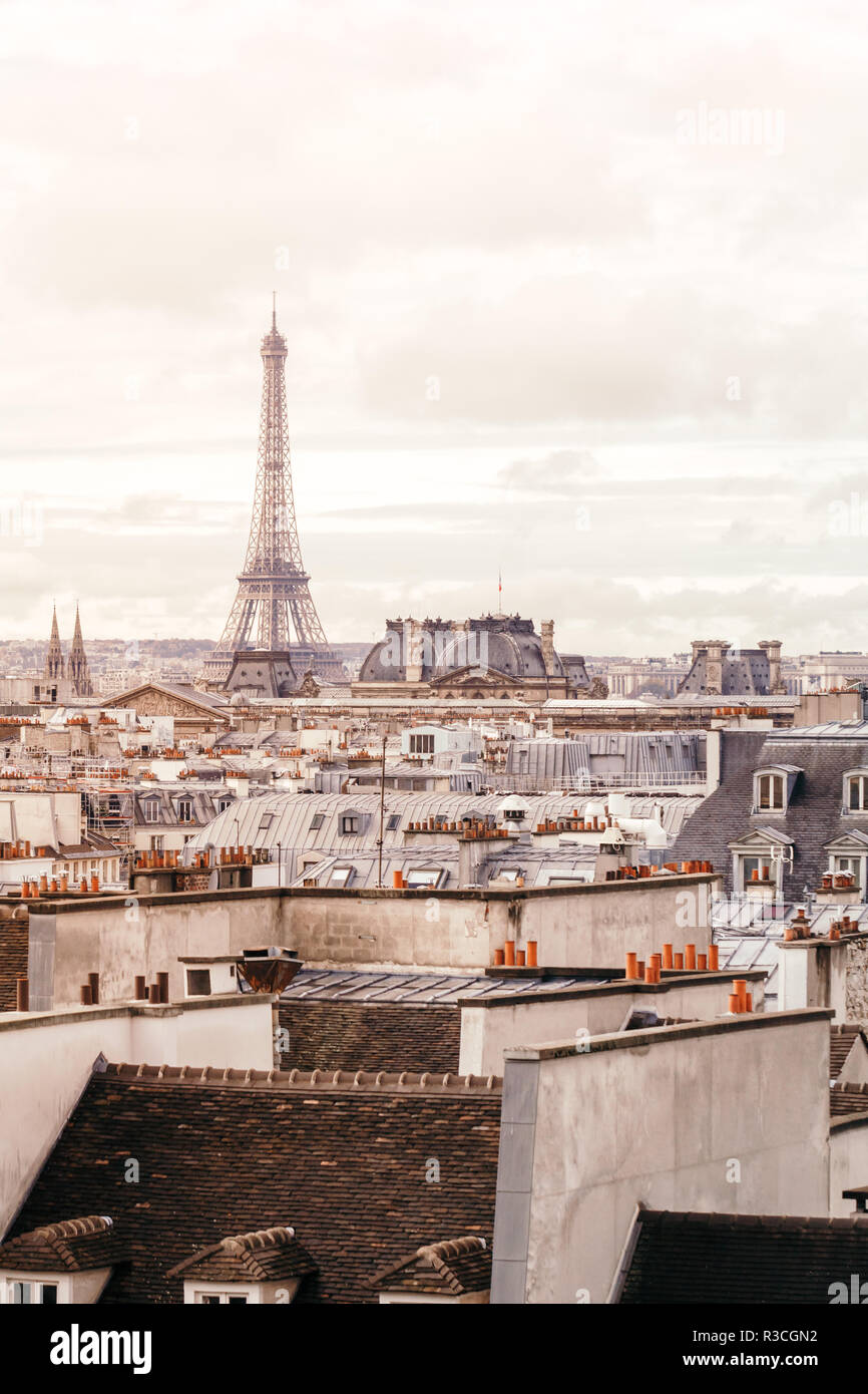 Beautiful panoramic view of Paris with Eiffel Tower. Vintage toned ...