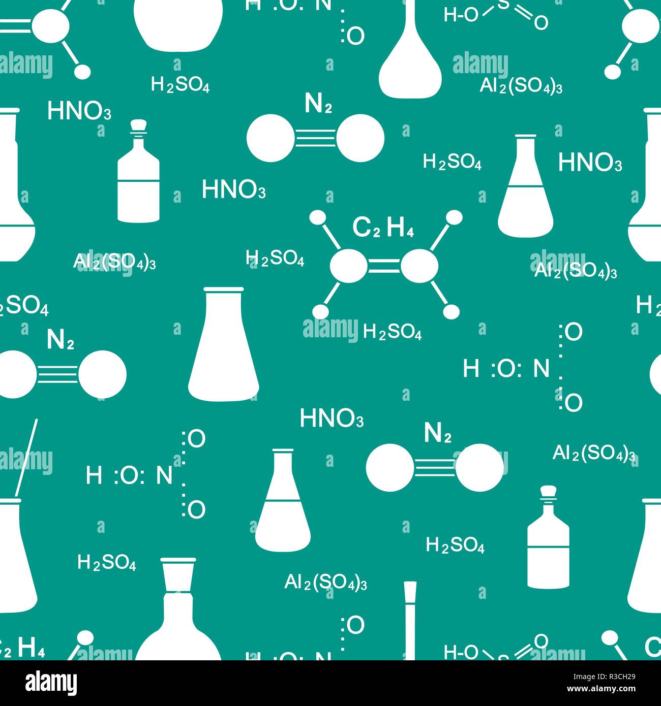Scientific vector seamless pattern with flasks, beakers, molecule ...