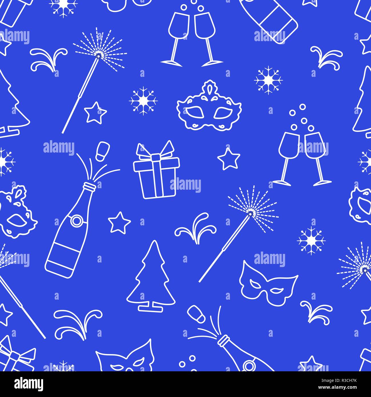 Seamless pattern with new year symbols. Gifts, fireworks, bottle and ...