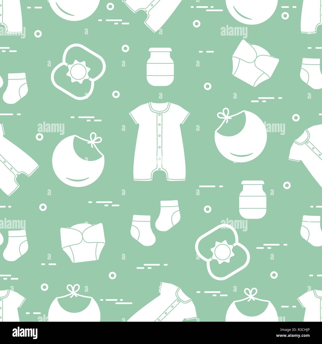 Seamless pattern with goods for babies. Newborn baby background. Bib ...