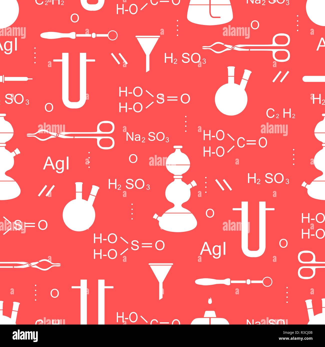 Scientific vector seamless pattern with flasks, burners, funnels, tools ...