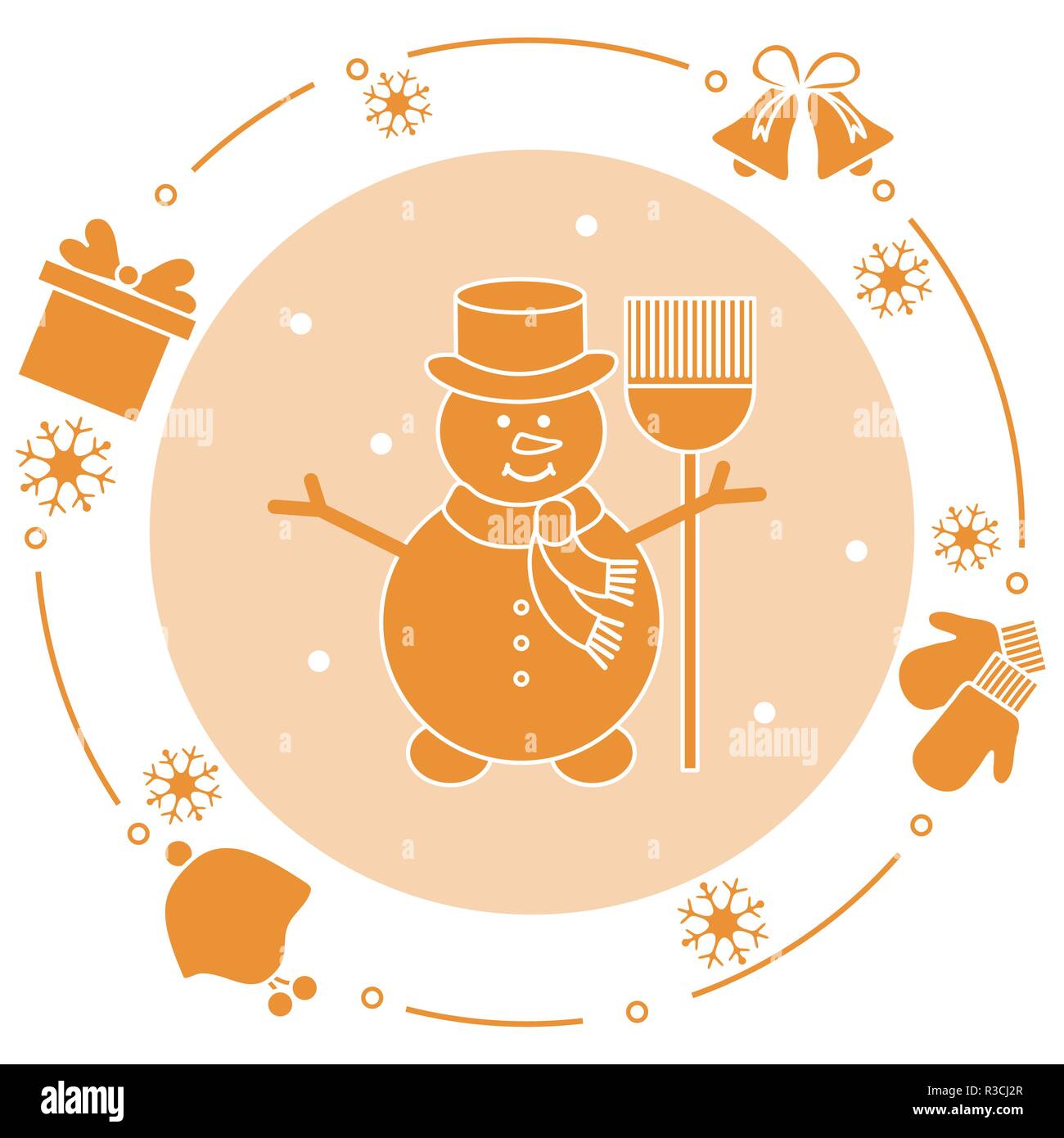 Vector illustration: snowman in hat with broom, gift, rings, mittens ...