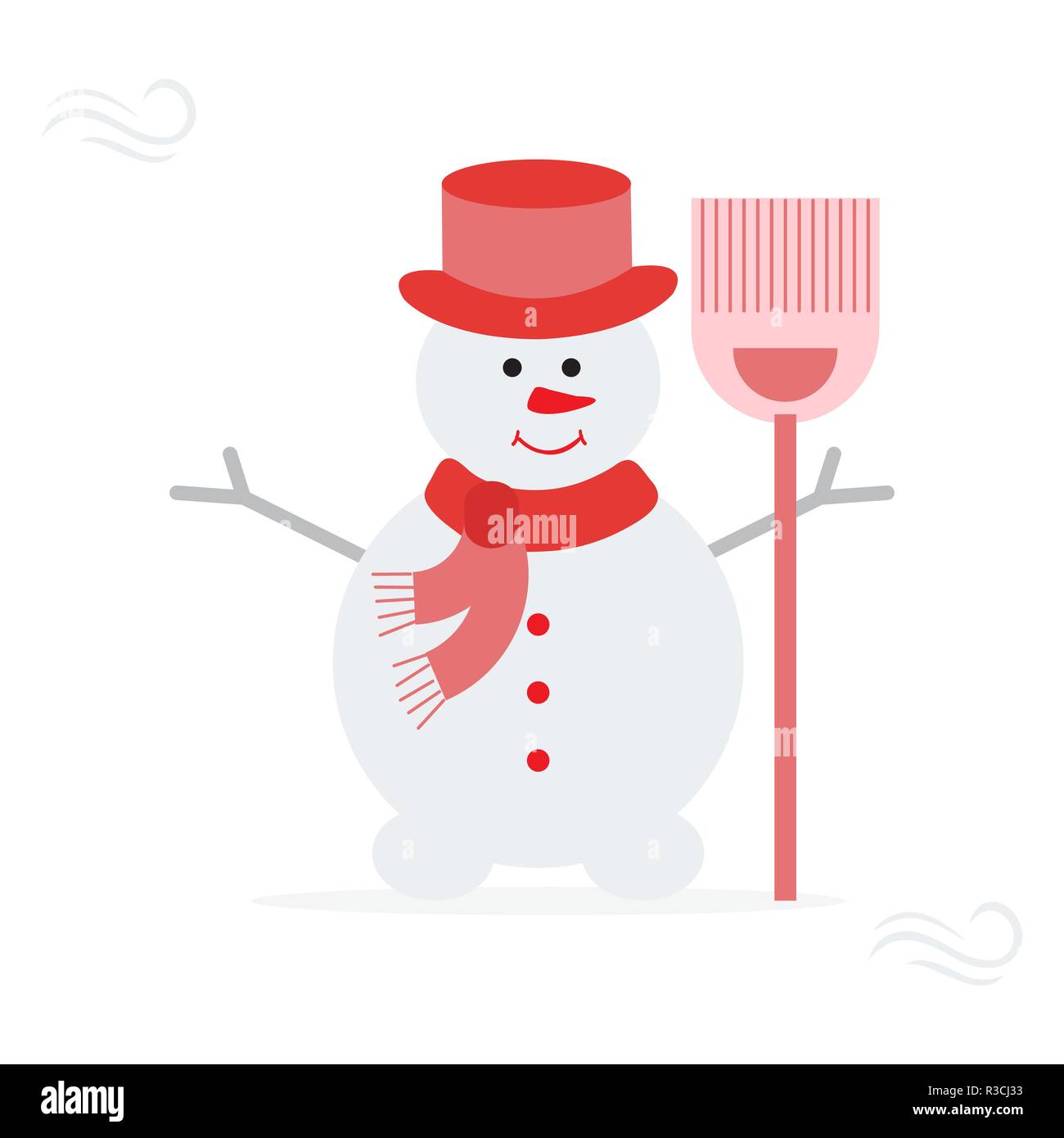 Vector illustration with snowman in hat and scarf with broom. Funny ...