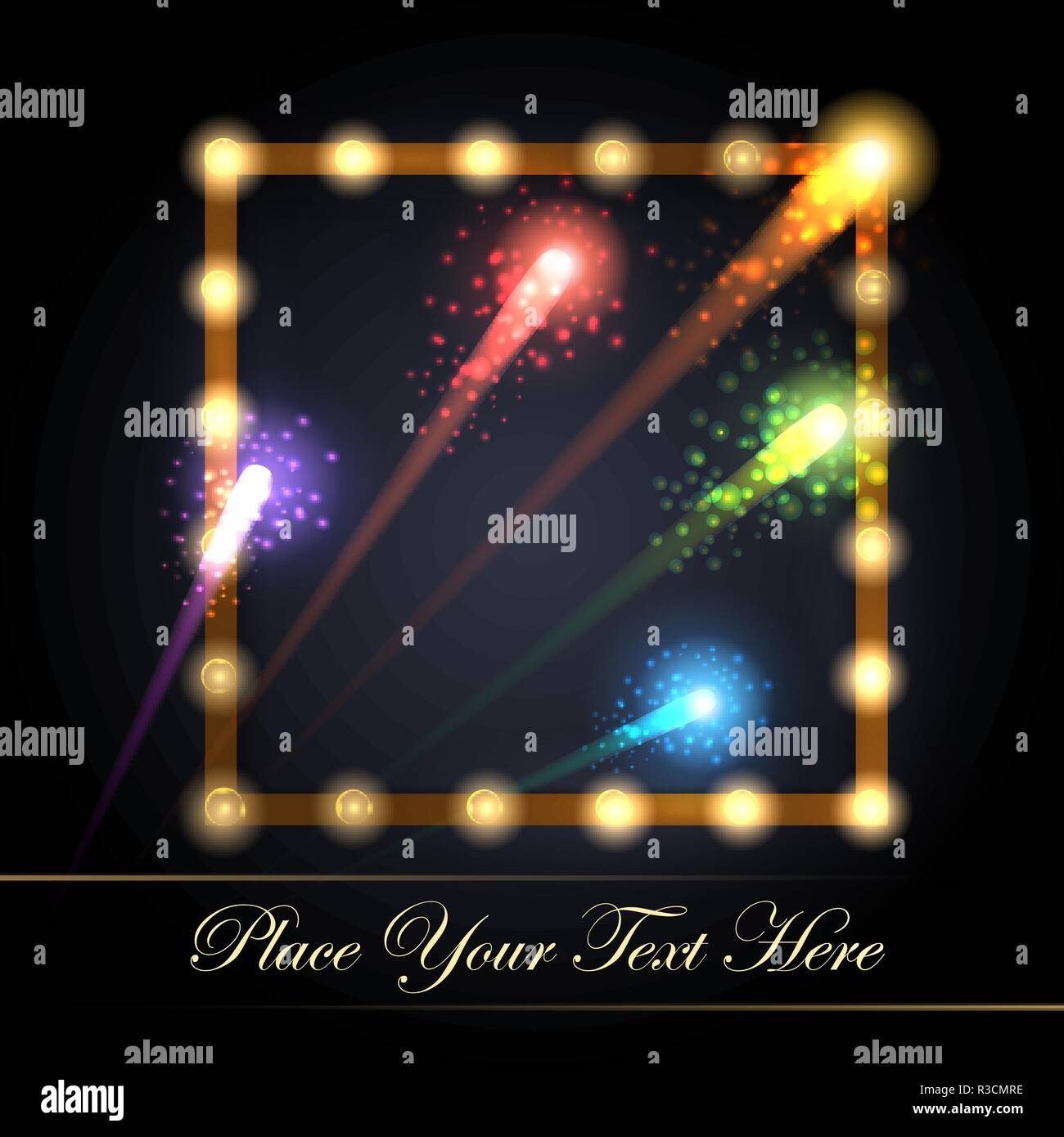 Frame with electric bulbs and festive fireworks. Presentation or Event ...