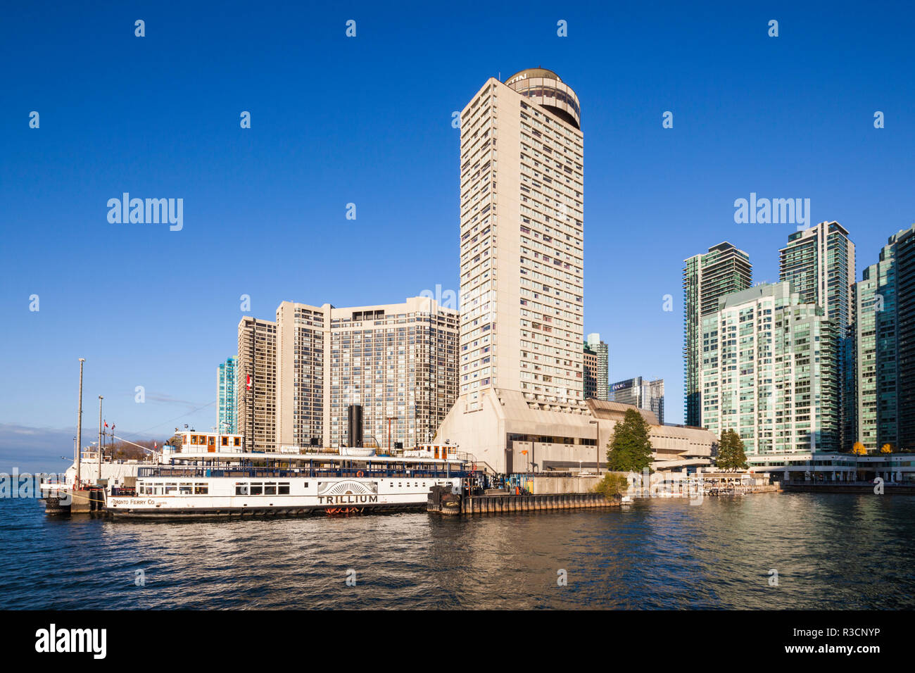 Canada, Ontario, Toronto, Harbor, waterfront buildings and harbor ferry ...