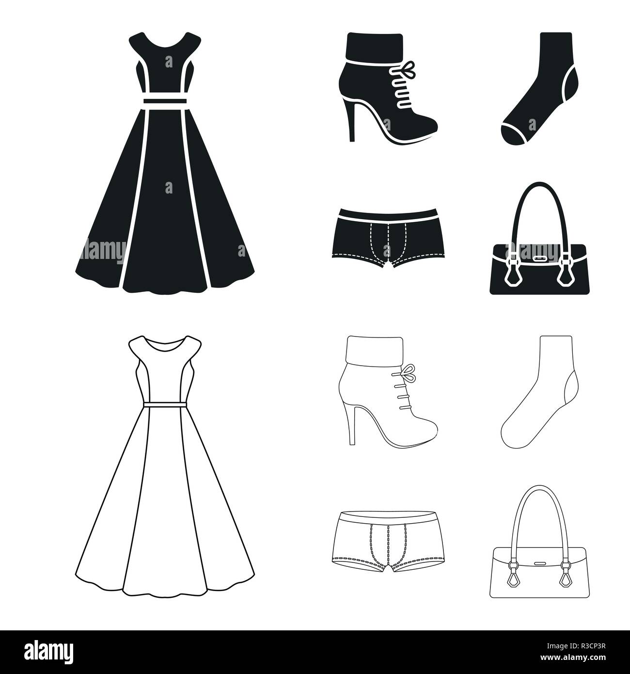 Women boots, socks, shorts, ladies bag. Clothing set collection icons ...