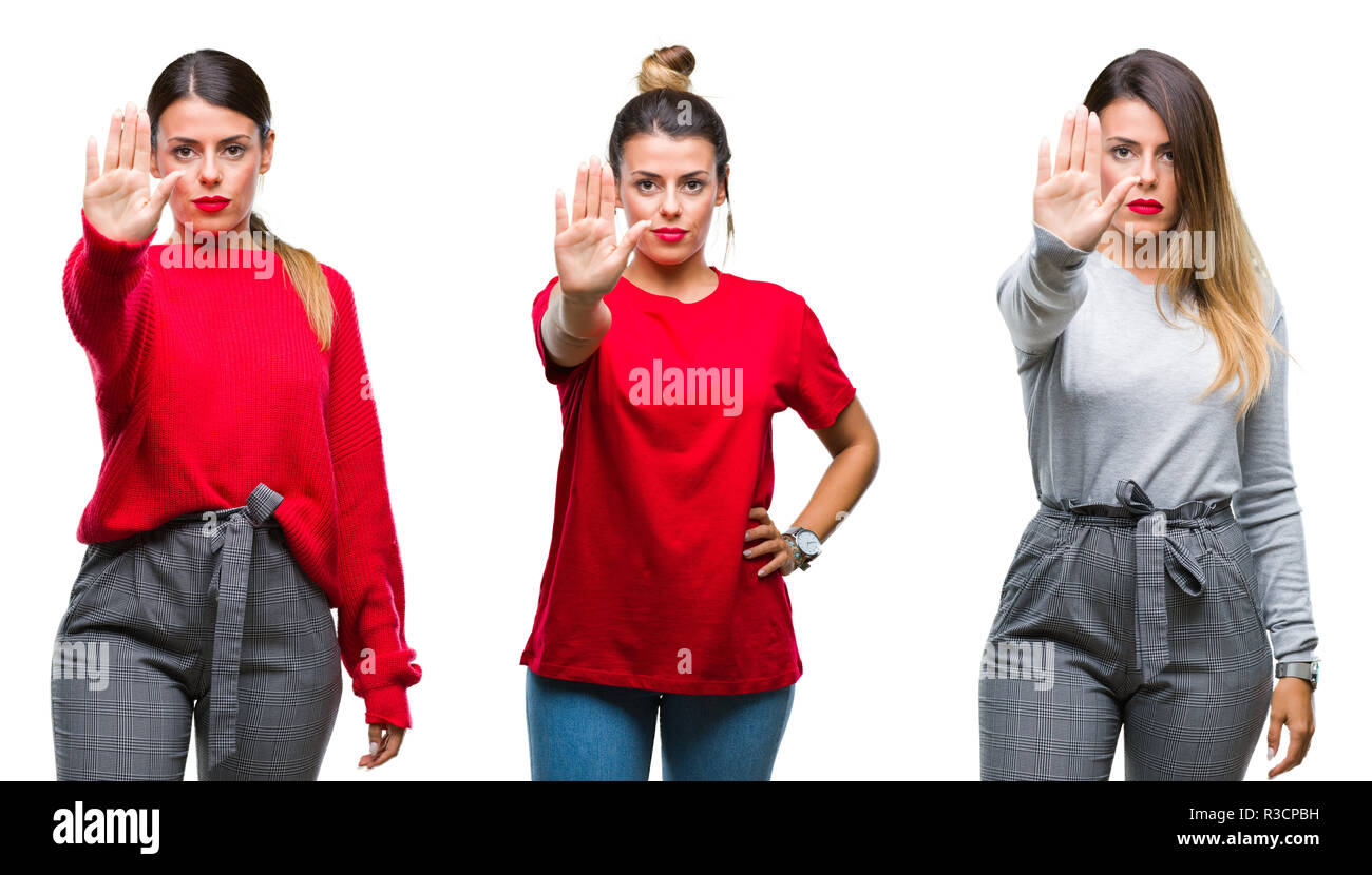 Collage of young beautiful woman over isolated background doing stop ...