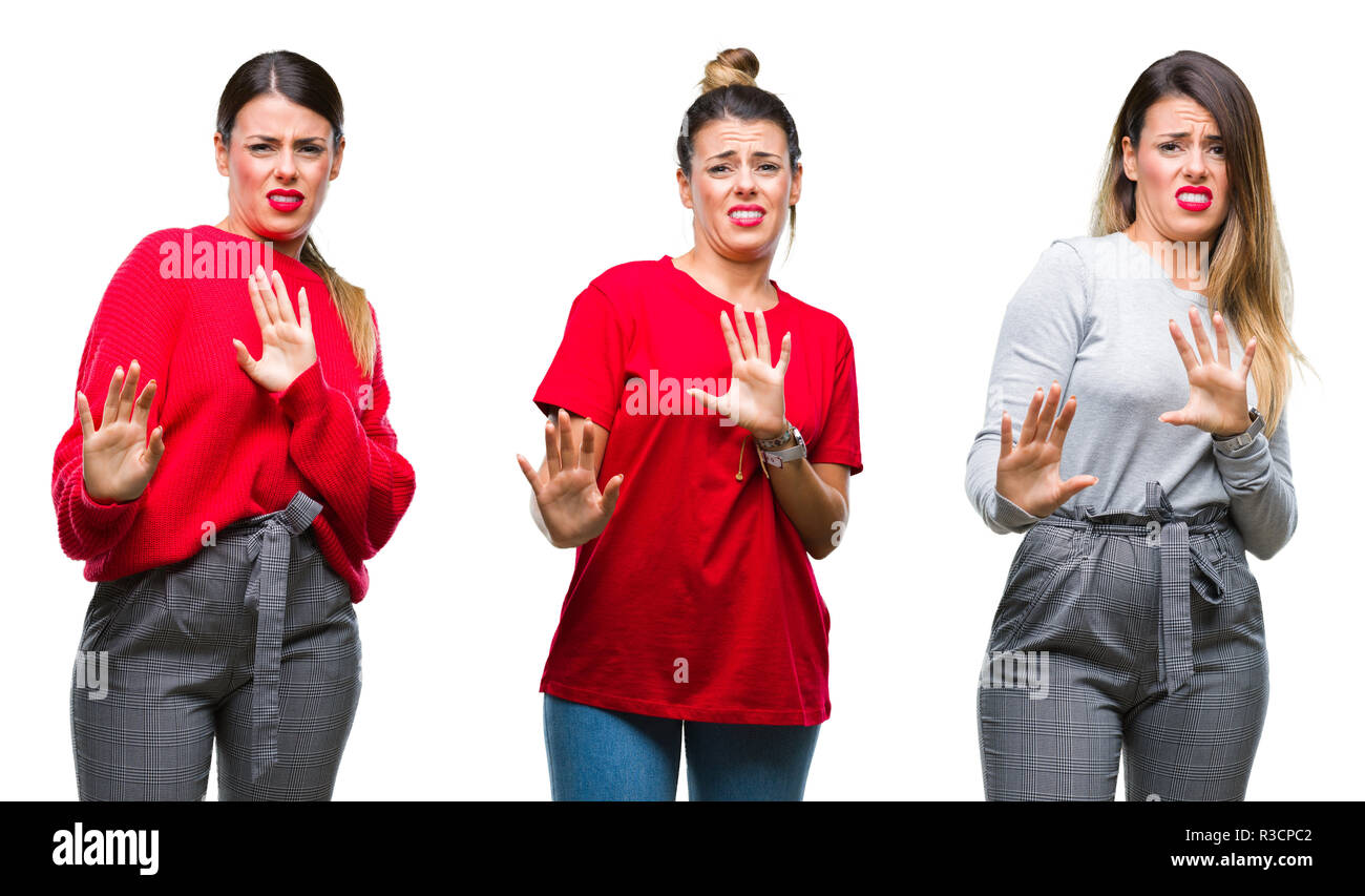 Collage of young beautiful woman over isolated background disgusted ...