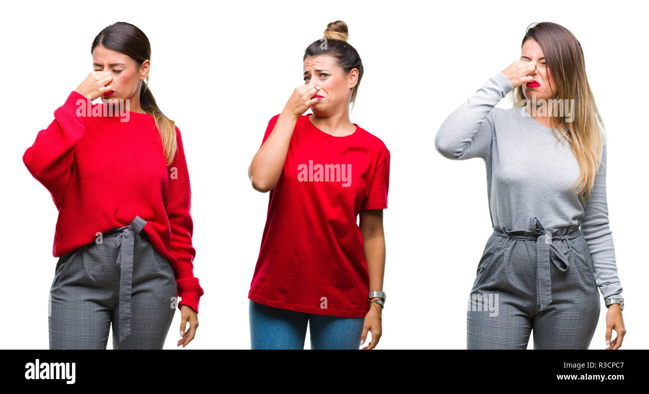 Collage of young beautiful woman over isolated background smelling ...