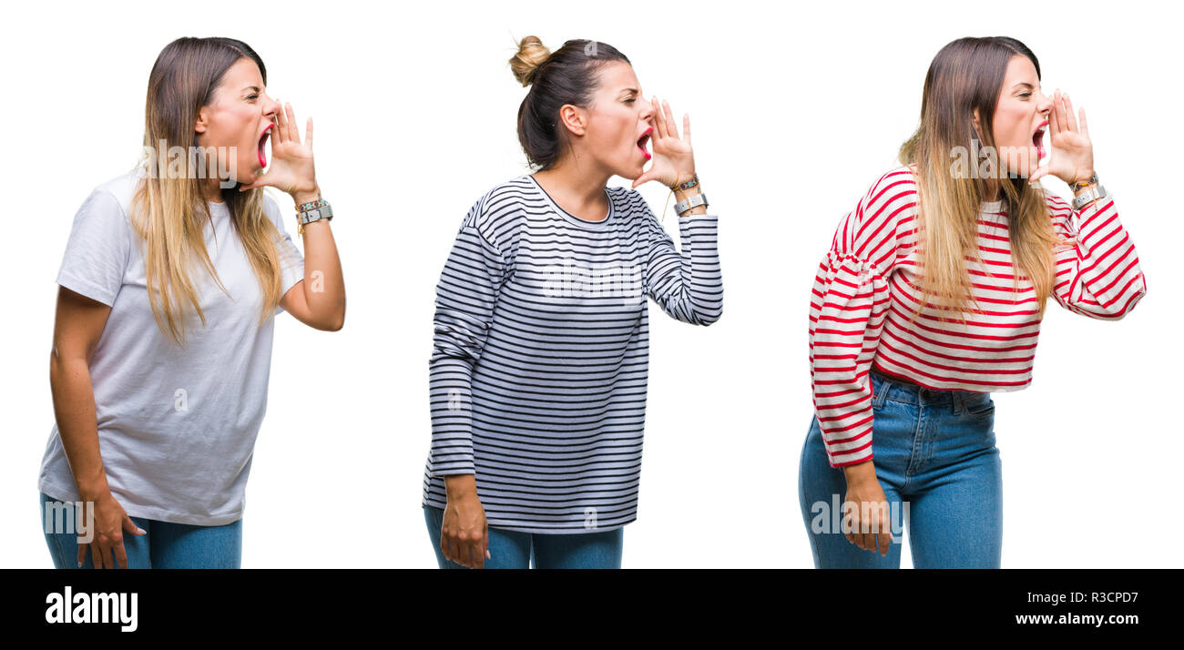 Collage of young beautiful woman over isolated background shouting and ...