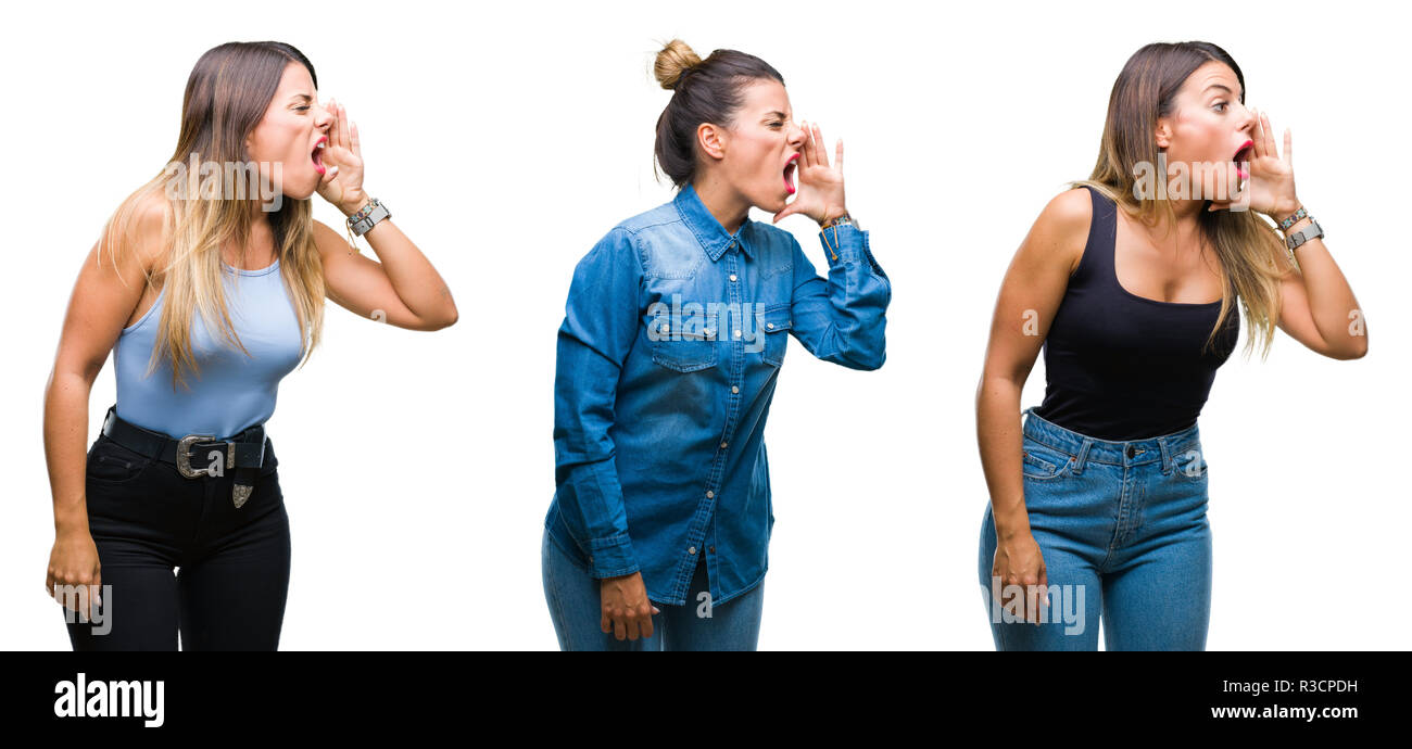 Collage of young beautiful woman over isolated background shouting and ...