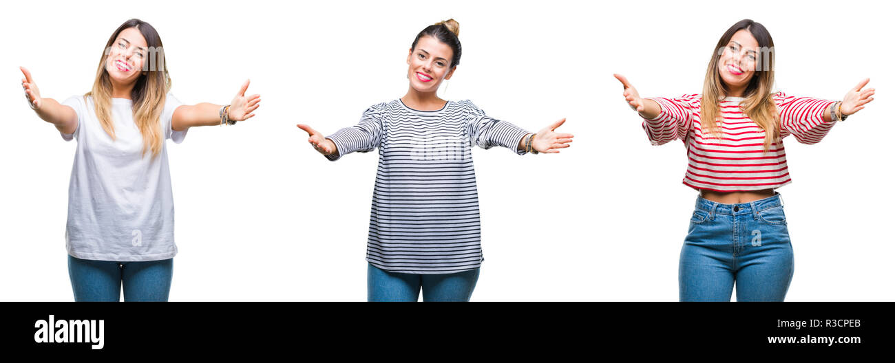 Collage of young beautiful woman over isolated background looking at ...
