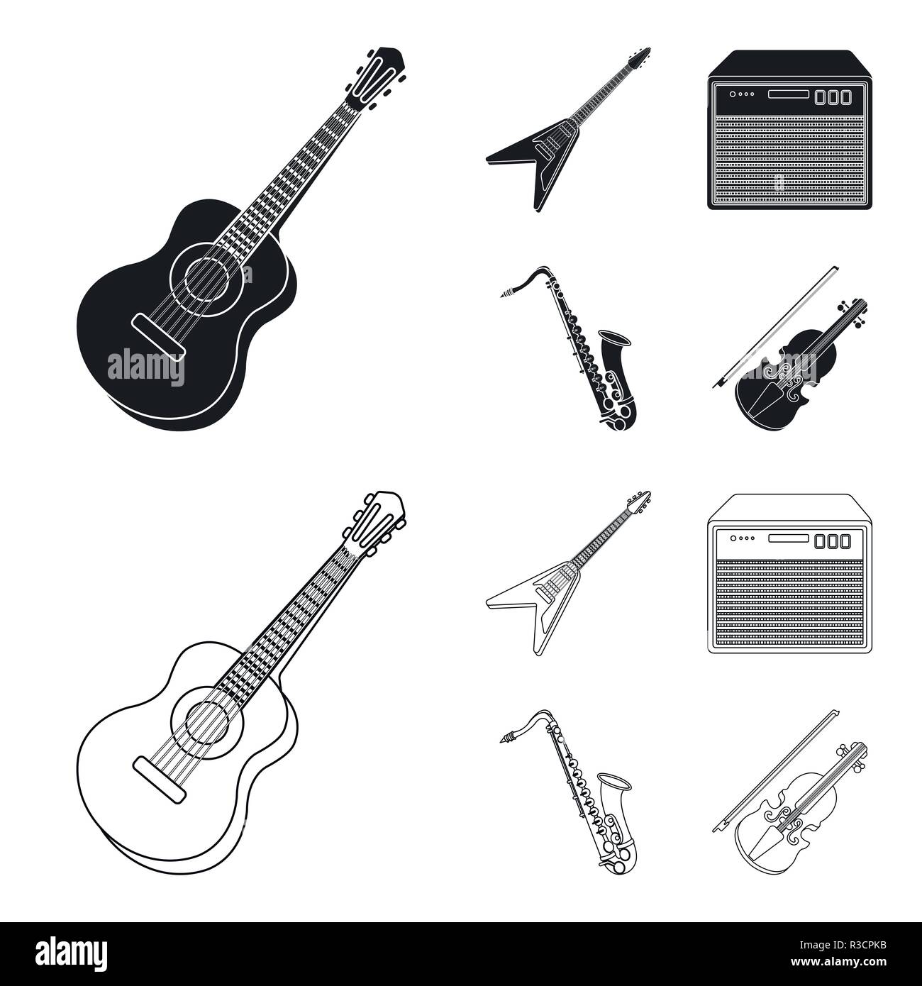 Electric guitar, loudspeaker, saxophone, violin.Music instruments set ...