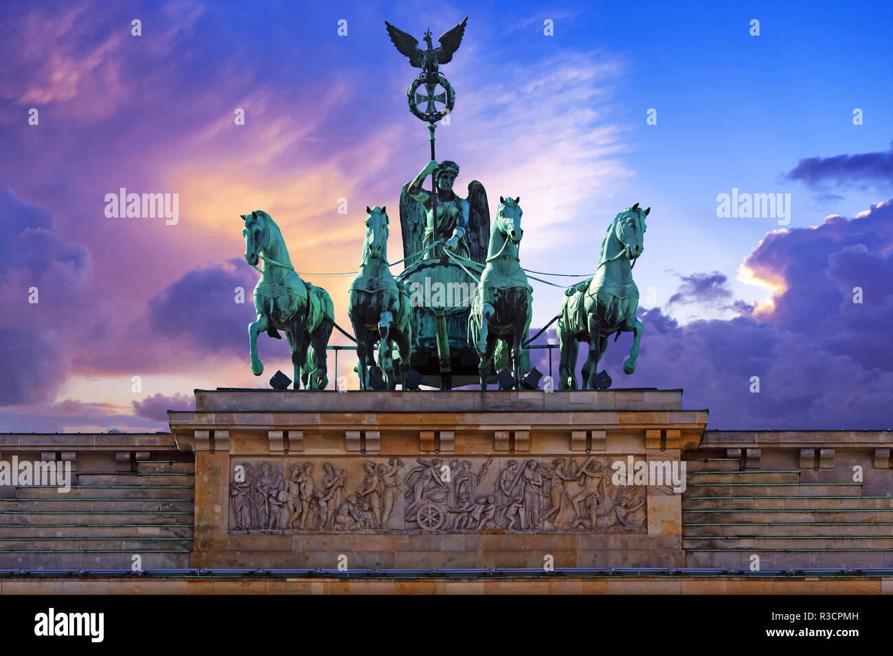 Berlin, Germany. Close-up of the Quadriga atop the Brandenburg gate (Brandenburger Tor) at ...