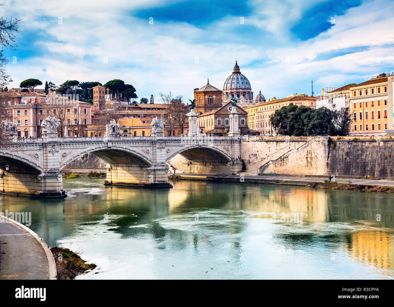 Vatican dome and Tiber River, Ponte Vittorio Emanuele III, Rome, Italy ...