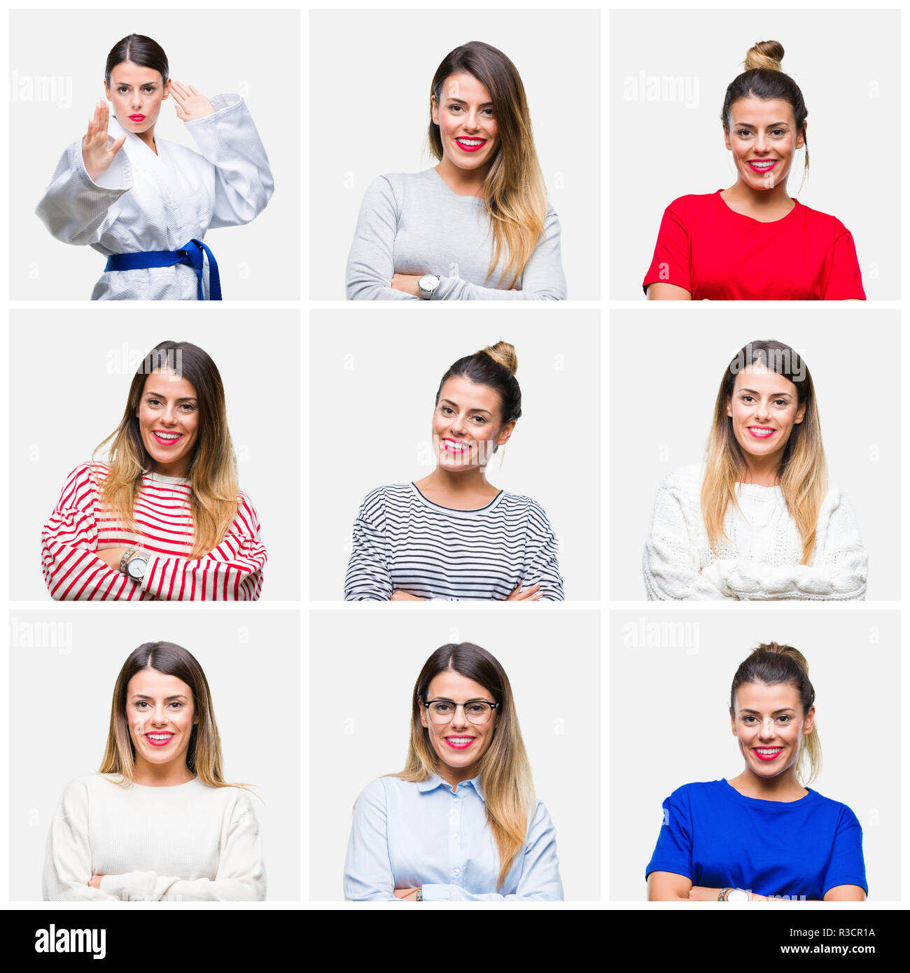 Collage of young beautiful woman over isolated background happy face ...
