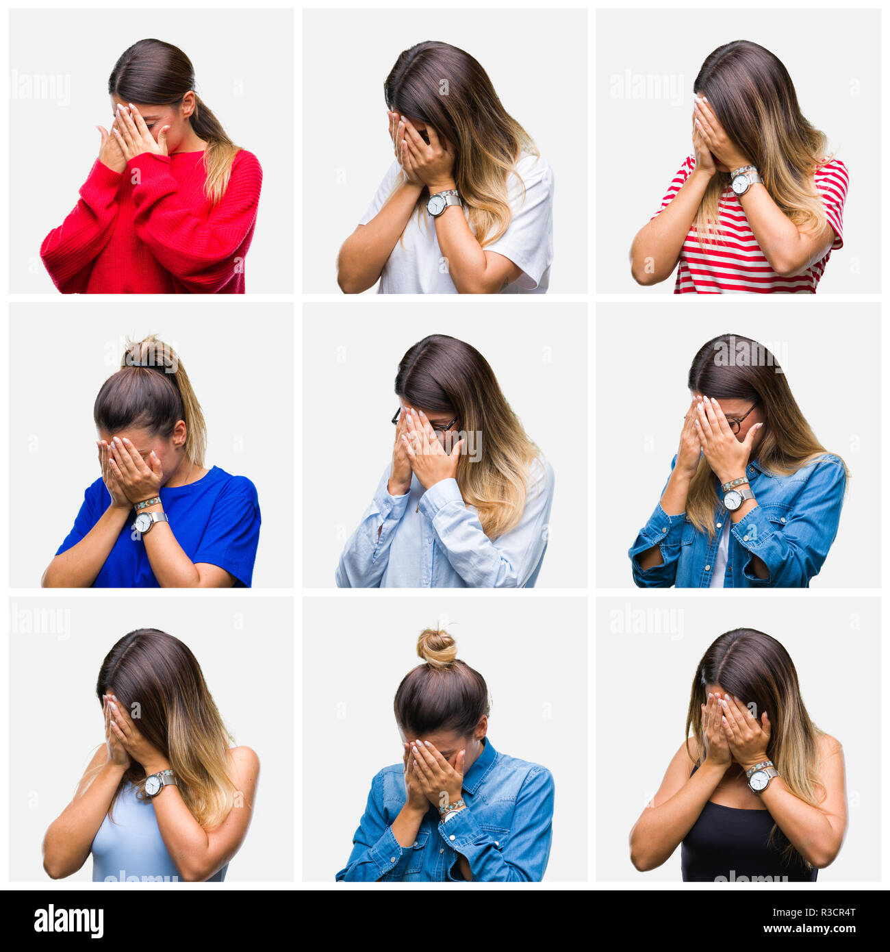 Collage of young beautiful woman over isolated background with sad ...